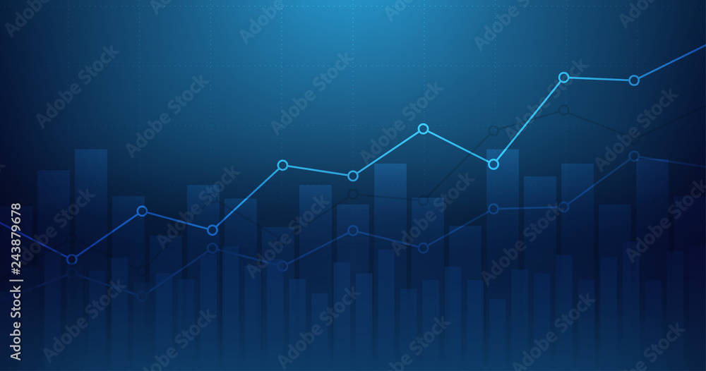 Widescreen Abstract financial graph with uptrend line and bar chart of stock market on blue ...