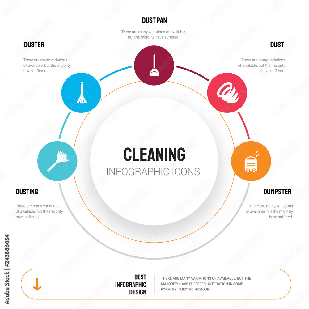 Abstract infographics of cleaning template. Dusting, Duster, Dust pan ...
