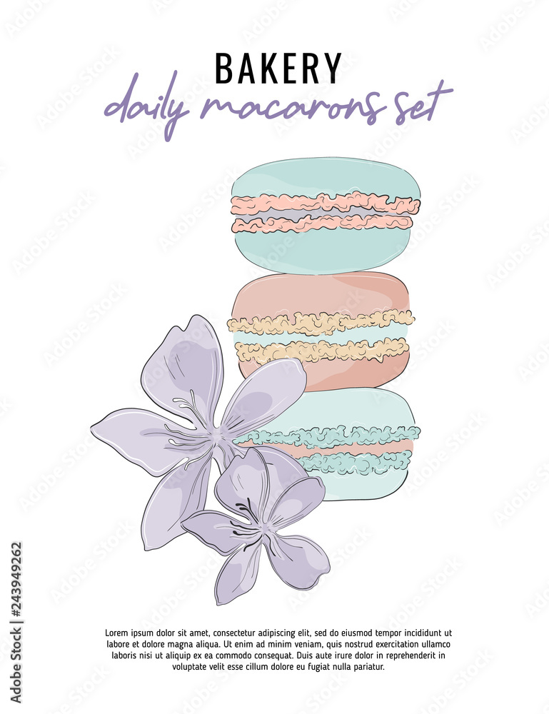 Modern vector illustration with sweet macarons and flowers. Restaurant ...