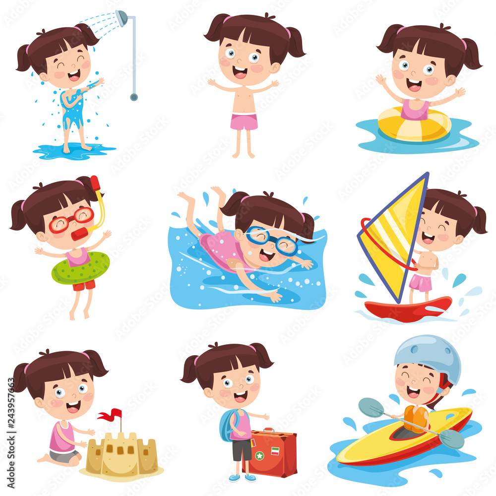 Vector Illustration Of Cartoon Girl Doing Various Activities Stock ...