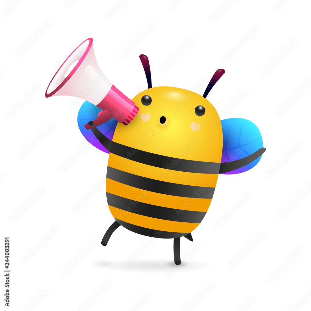 Bee with megaphone illustration. Blue wings, bee, cute. Cartoon concept ...