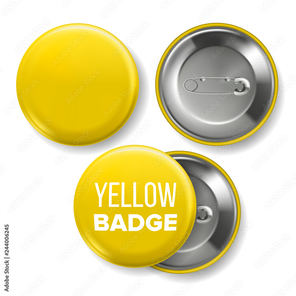 Yellow Badge Mockup Vector. Pin Brooch Yellow Button Blank. Two Sides ...