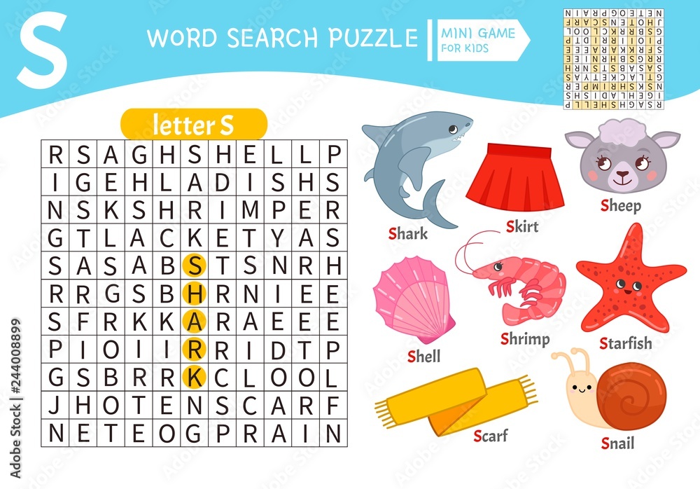 Words puzzle children educational game. Learning vocabulary. Letter S ...