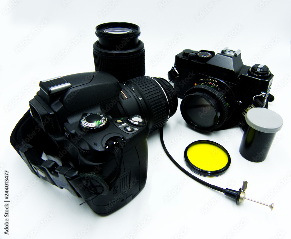 Home photo studio, digital and analog cameras compared, white ...