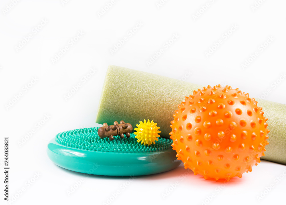 Massage yourself, composition of different tools isolated on white ...