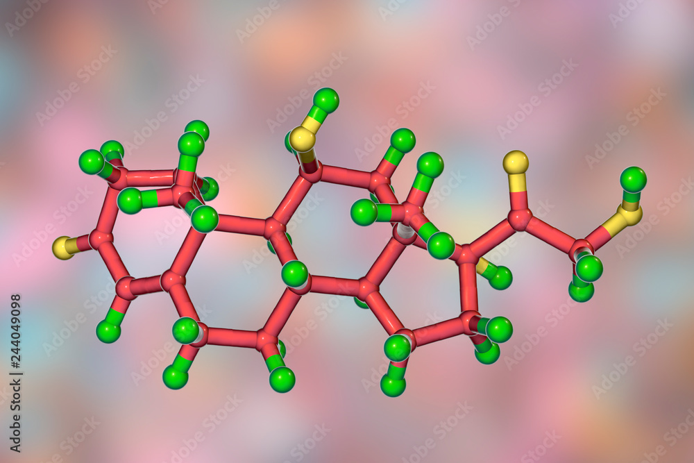 Molecule of cortisol hormone, 3D illustration. Cortisol is a steroid ...