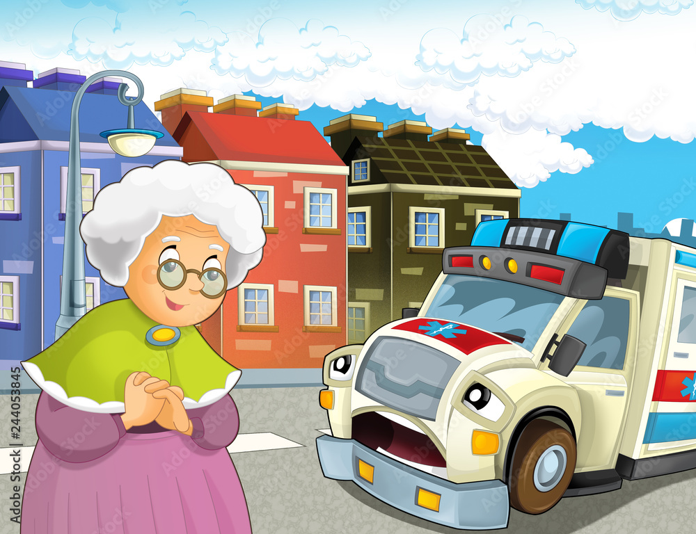 cartoon scene with older lady not feeling well and ambulance coming to ...