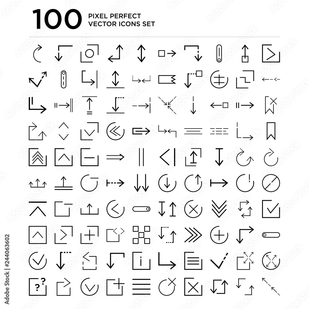 100 linear pack of Right arrow, Update, close, menu, add, Checked ...