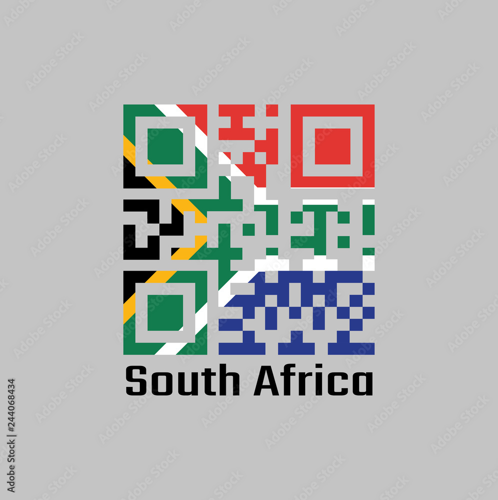 QR code set the color of South African flag, red and blue with a black ...