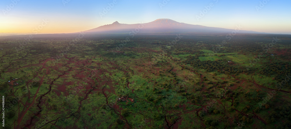 Stockfotot Aerial, panoramic view on Mount Kilimanjaro volcano, summit ...