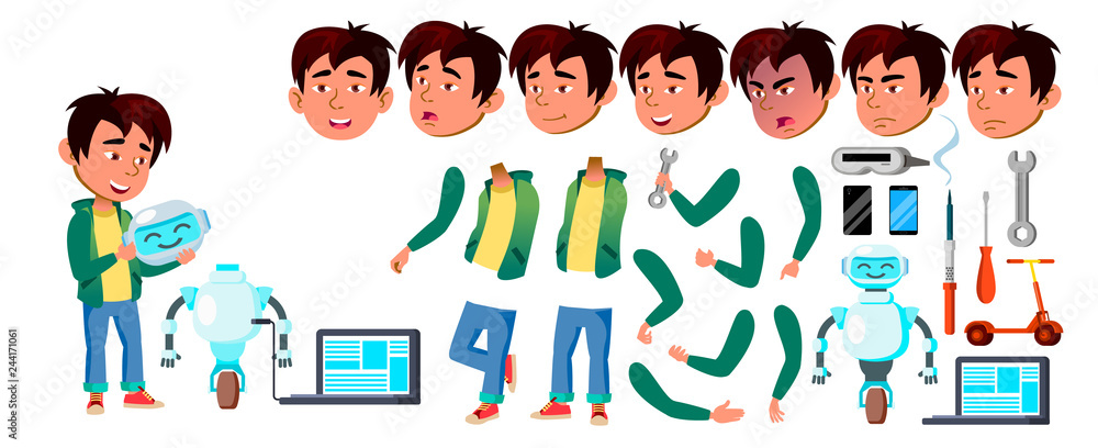 Vector de Stock Asian Boy Schoolboy Kid Vector. Primary School Child. Build Robot Helper ...