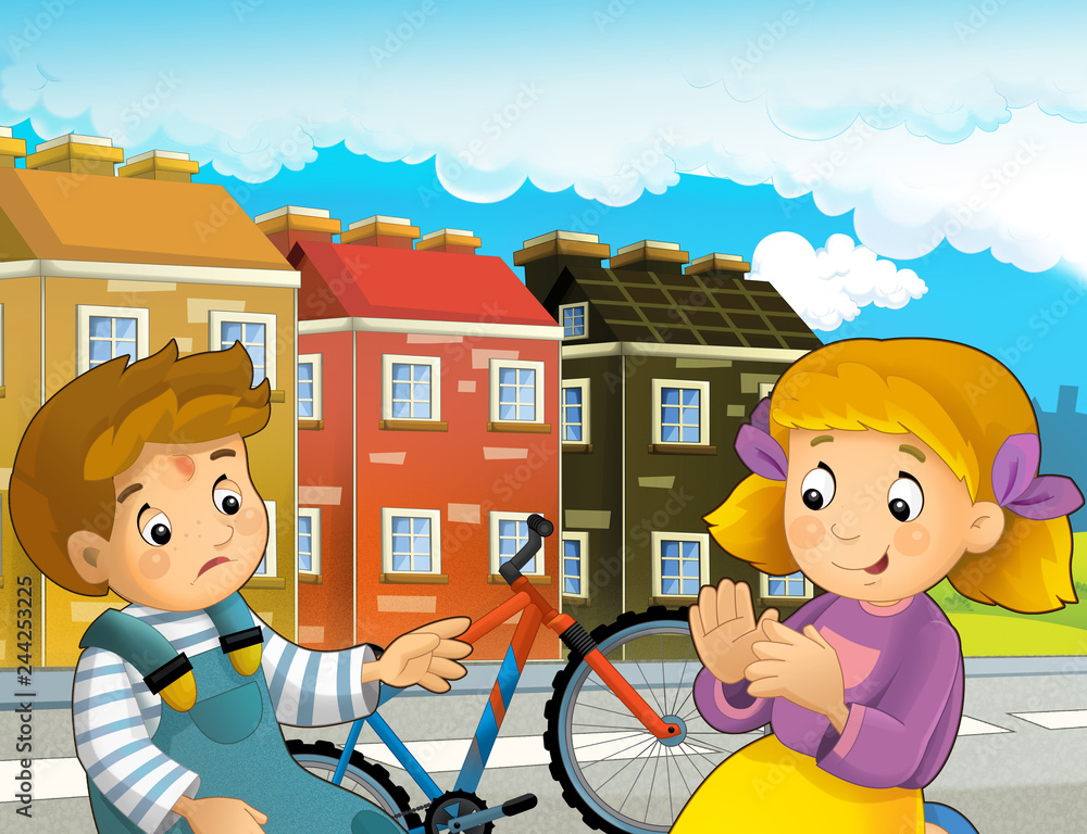 cartoon scene with boy and girl on bicycle ride having accident ...