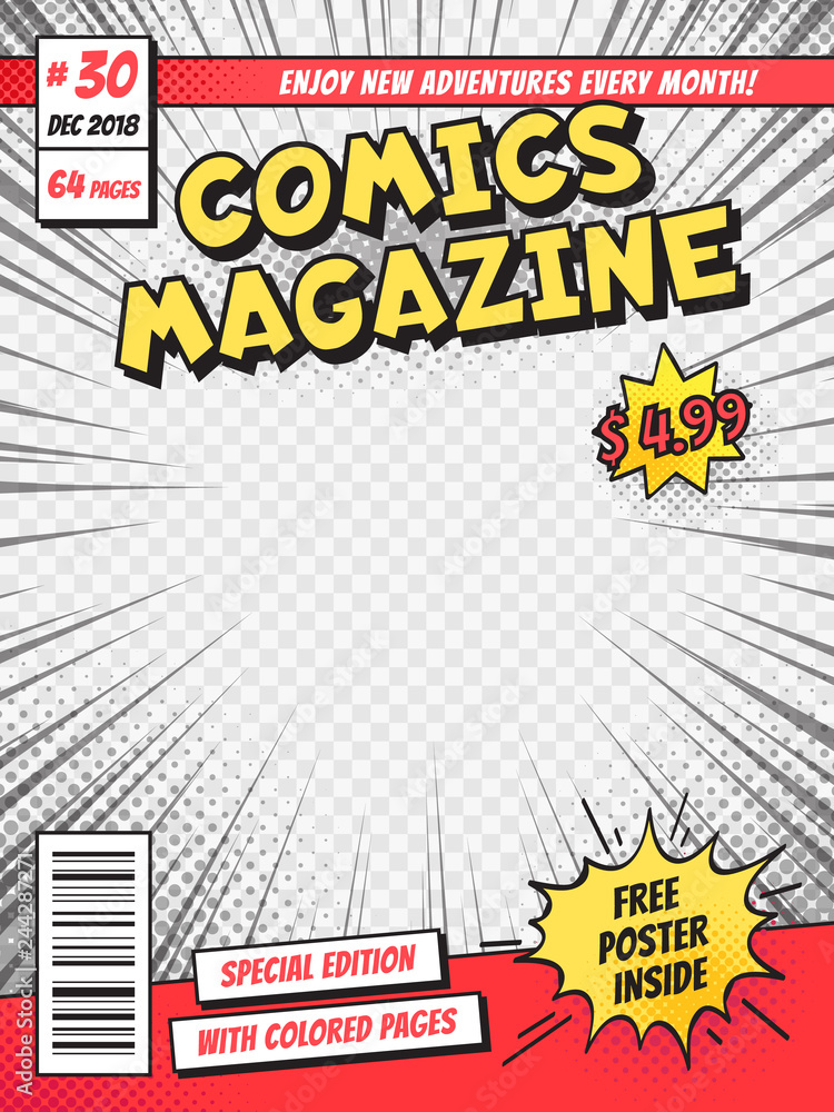 Comic book cover. Comics books title page, funny superhero magazine ...