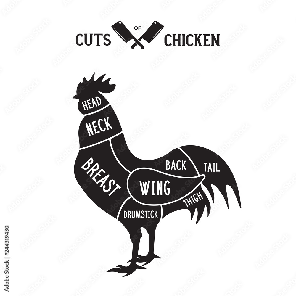 Meat cuts - chicken. Diagrams for butcher shop. Scheme of chicken ...