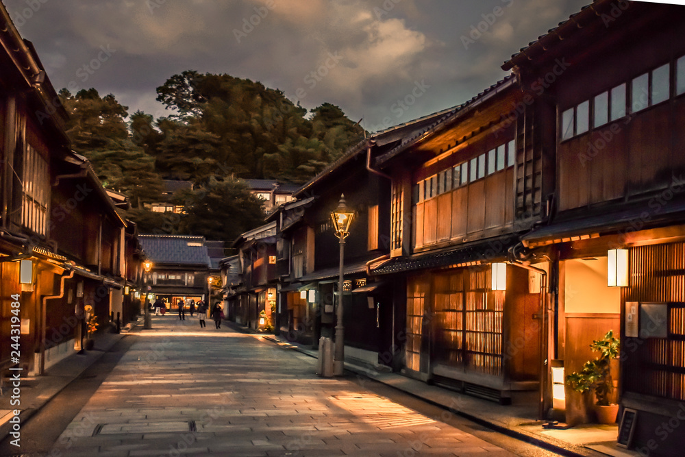 Traditional Japanese street with old wooden houses in Kanazawa Japan ...