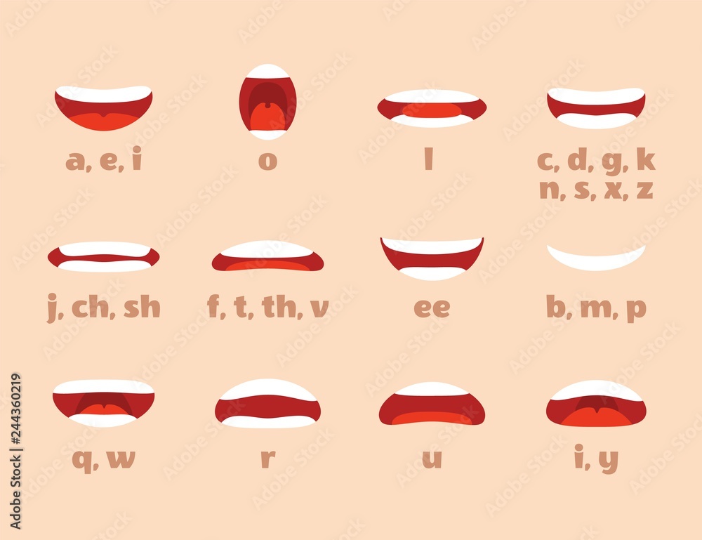 Mouth animation. Cartoon lips speak expression, articulation and smile ...