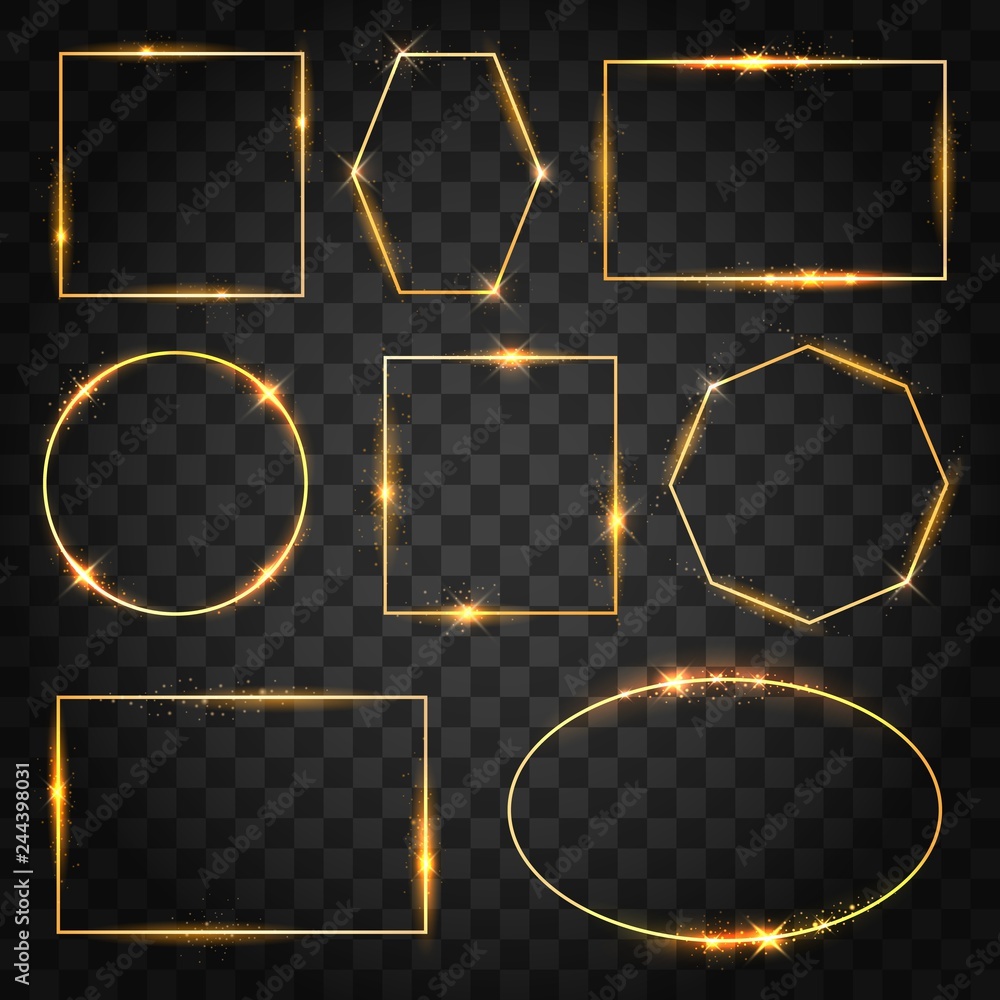 Gold glow frames. Golden sparkles frame set, magic light shiny glowing rectangle and curved ...
