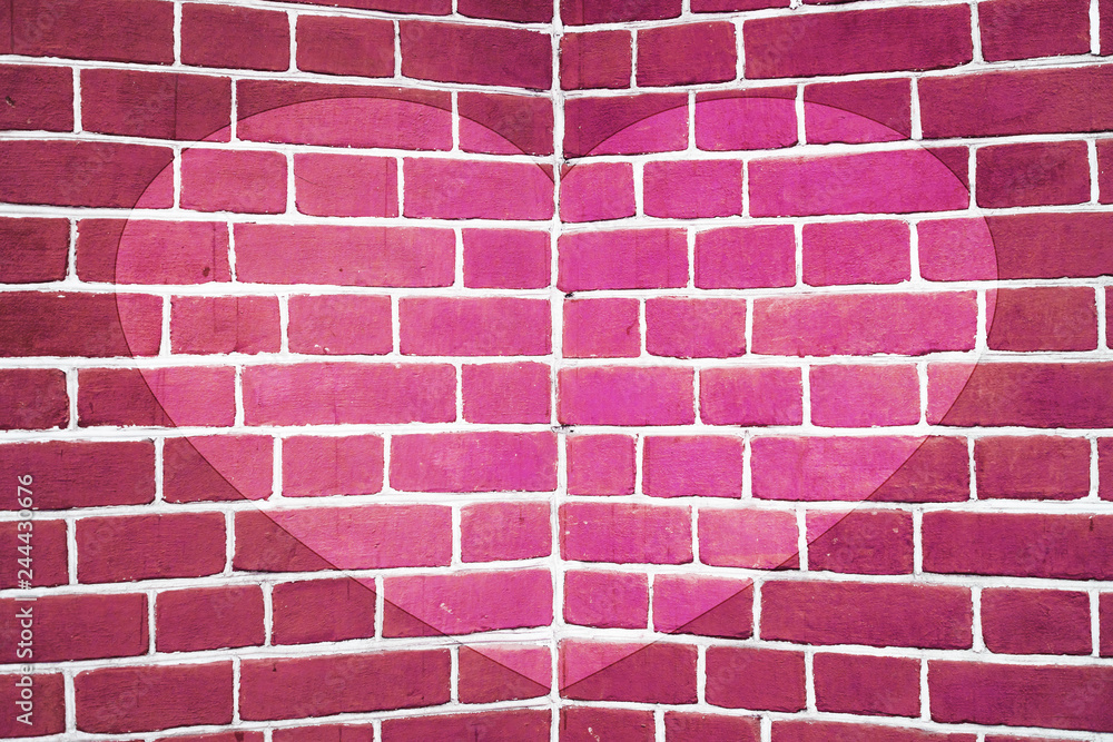 Symmetric drawn heart on pink brick wall close-up. Background with ...