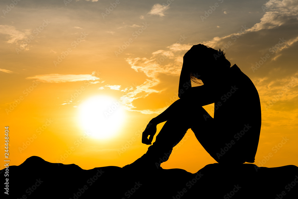 Man alone sad or cry on sunset background people adult worry unhappy ...