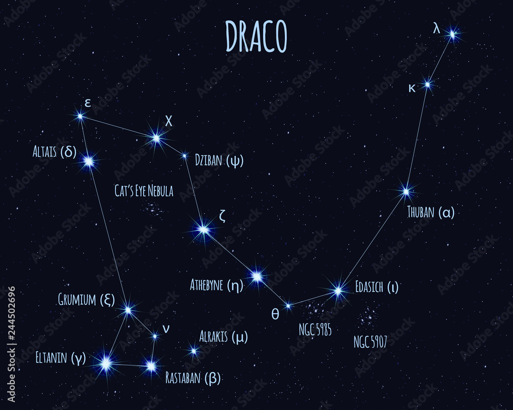 Draco (The Dragon) constellation, vector illustration with the names of ...
