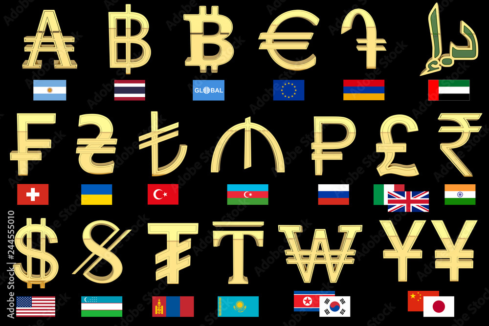 Set of currency symbols of different countries of the world with their ...