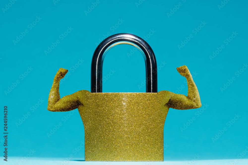 Yellow closed lock with muscle arms on a blue background. Metaphor for ...