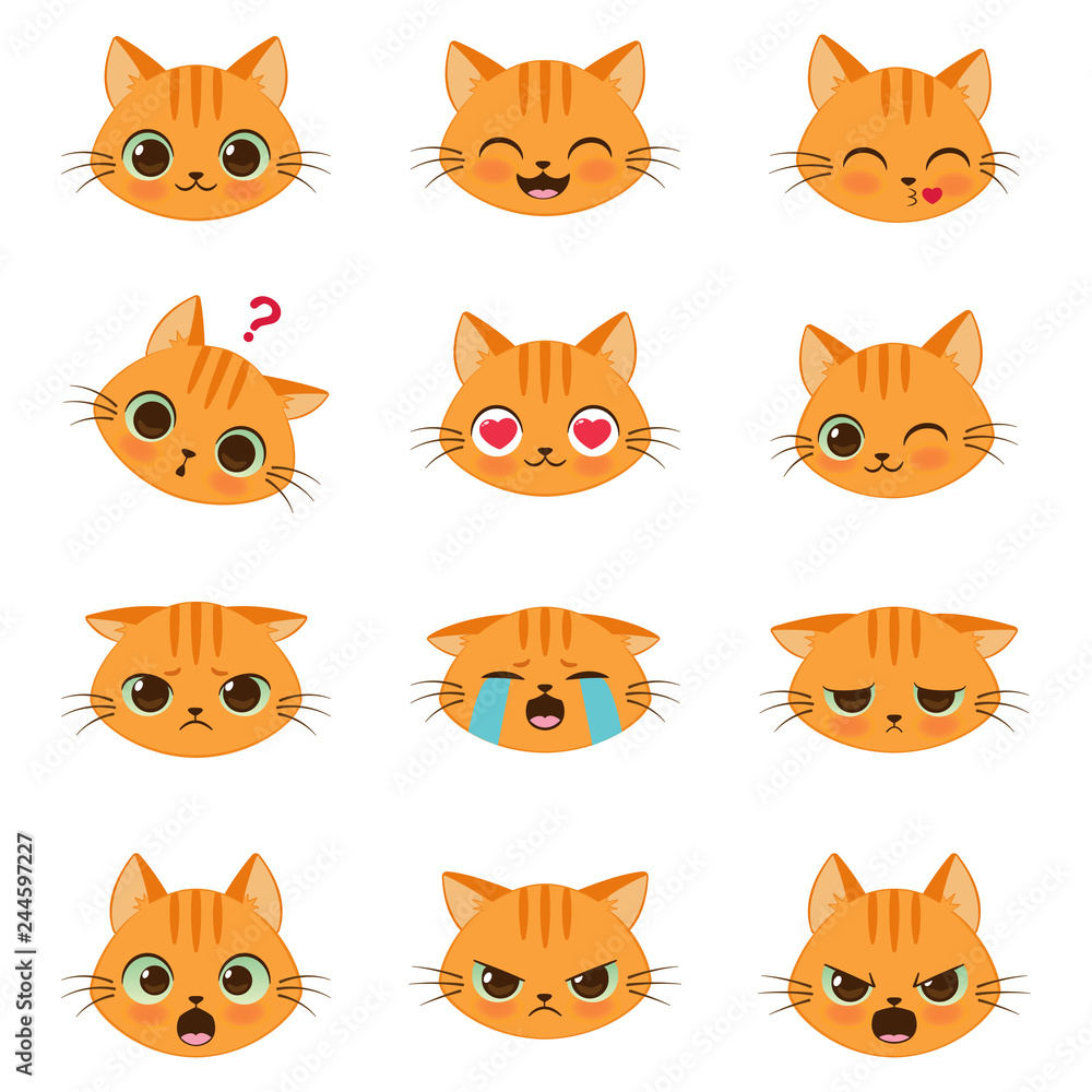 Set of cute cartoon cat emotions Stock Vector | Adobe Stock