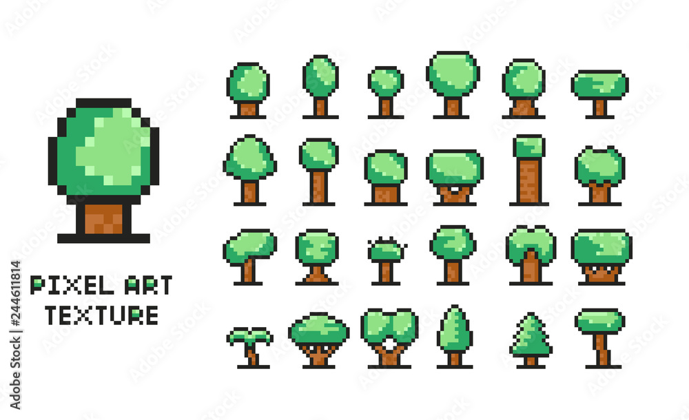Pixel art vector illustration set - 8 bit green tree icons isolated ...