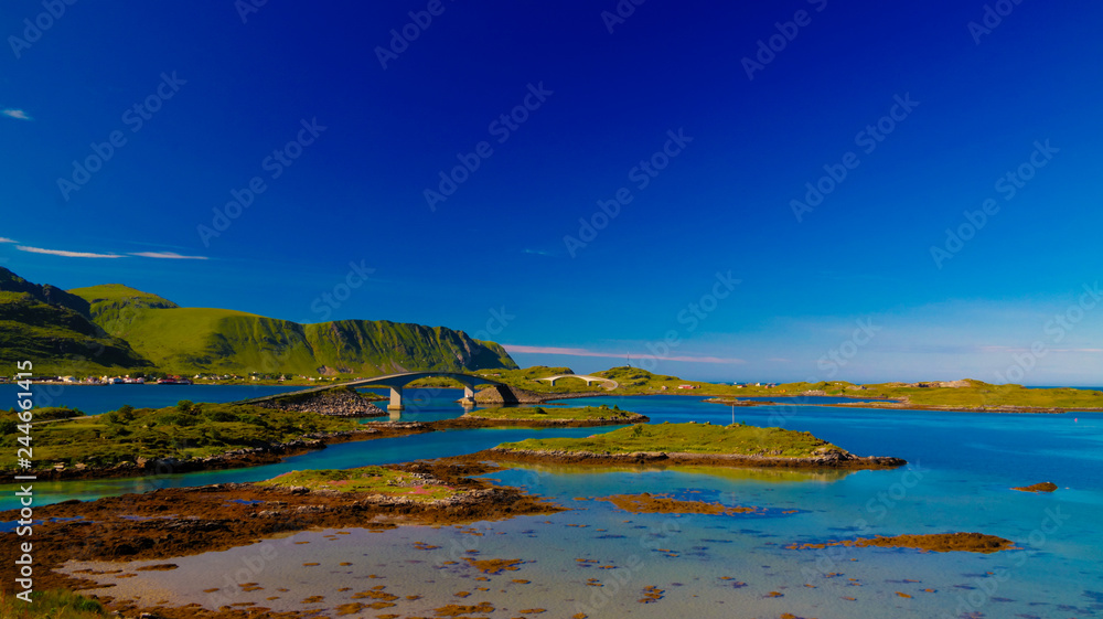 Landscape panoramic view to Fredvang bridge, Torvoya and buoya islands ...