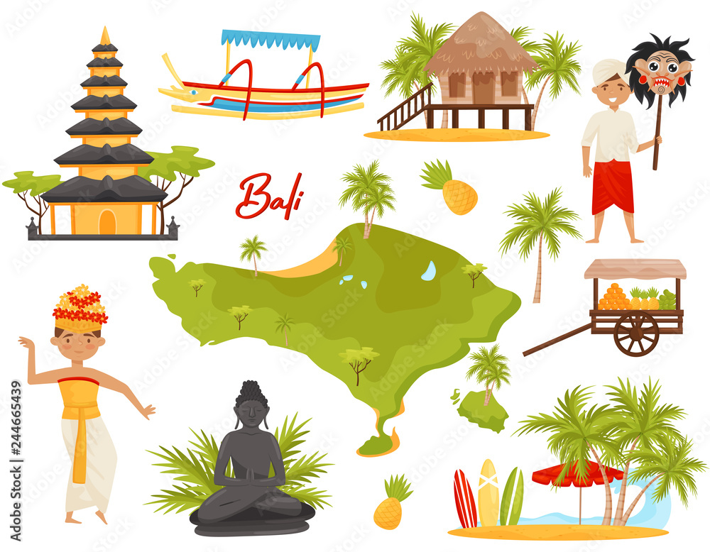 Flat vector set of Balinese landmarks and cultural objects. People ...