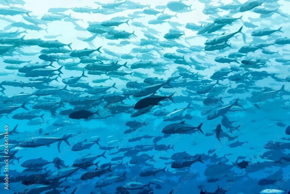 Big School of Fish - Underwater Art Illustration Stock Illustration ...