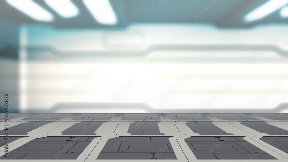 3d illustration of sci fi lab table with Blur sci-fi Background 3d ...