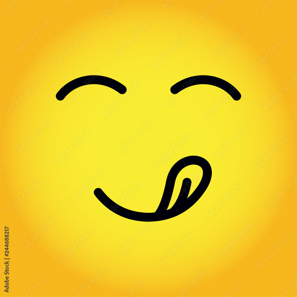 Yellow yummy smiley emoticon face. Emoji with mouth and tongue gourmet ...