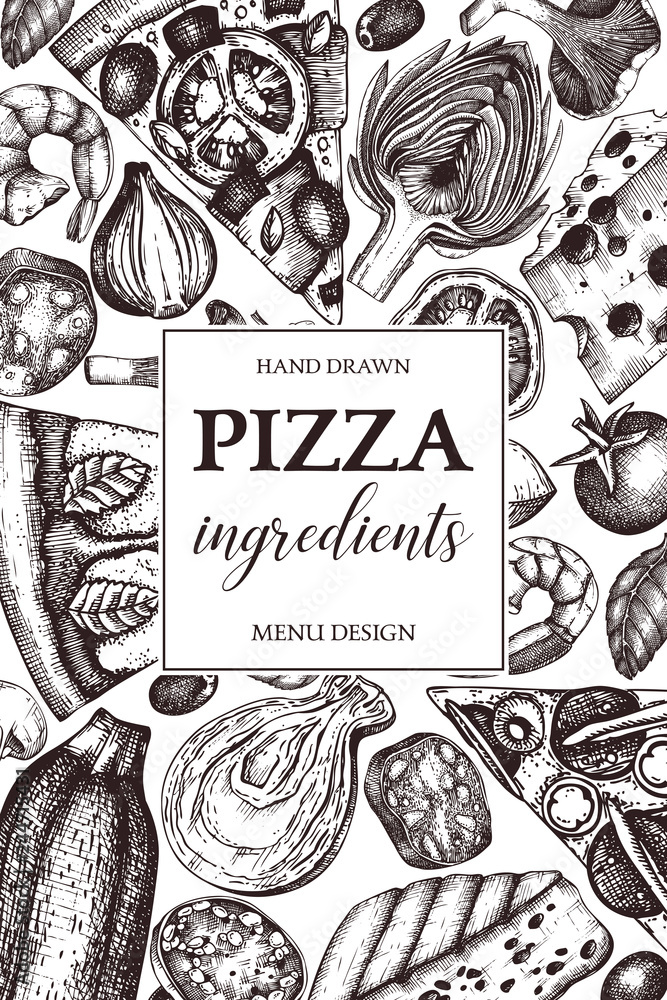 Vector frame with hand drawn pizza ingradients sketches. Vintage menu ...