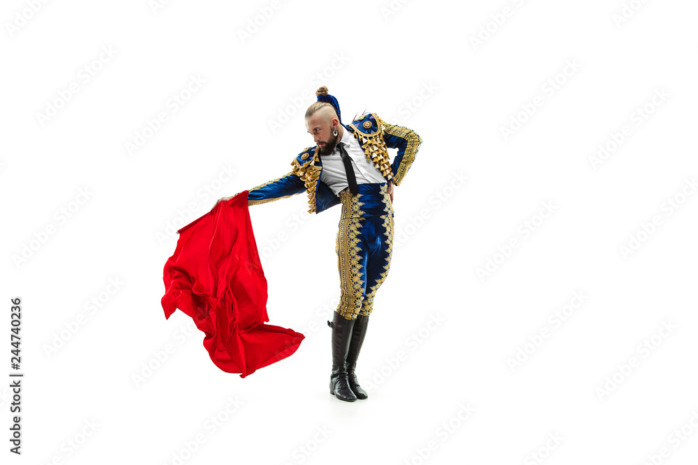 Torero in blue and gold suit or typical spanish bullfighter isolated ...