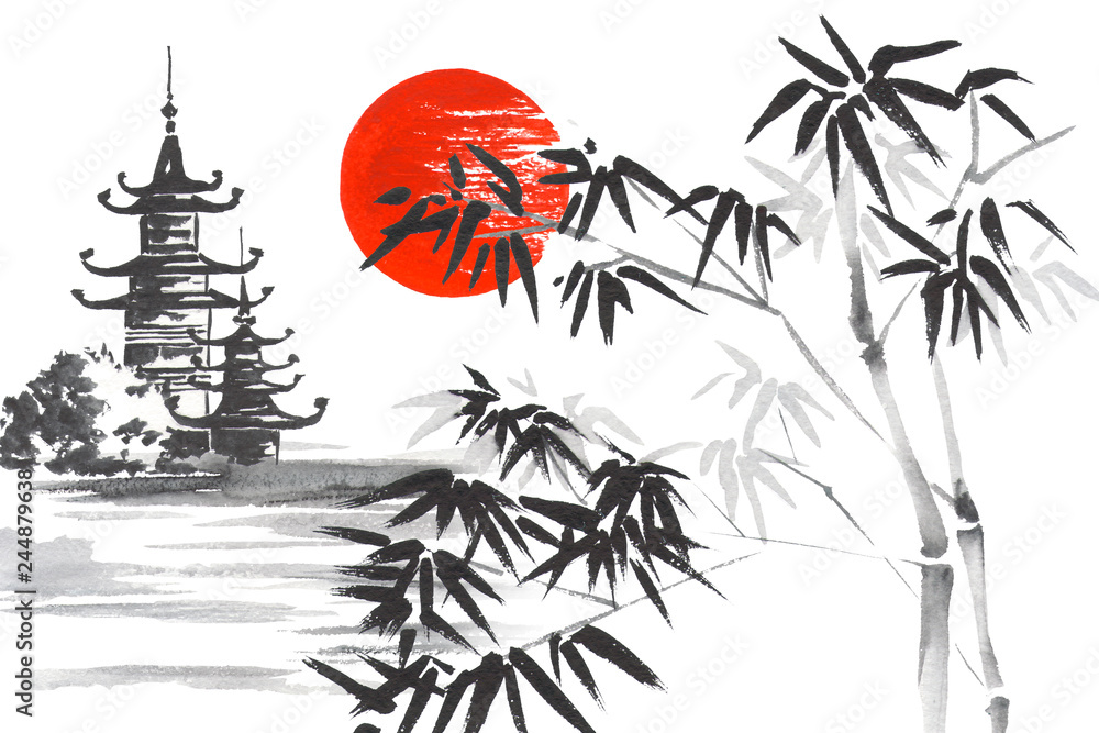 Japan Traditional japanese painting Sumi-e art Sakura Sun Temple Stock ...
