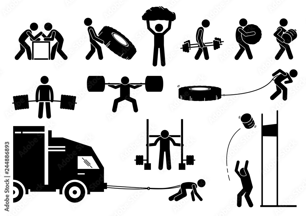 Strength athletics strongman competition icons. Stick figure depicts ...