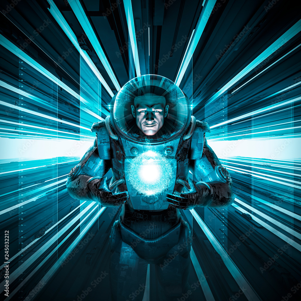 Male astronaut delivering the orb / 3D illustration of science fiction ...