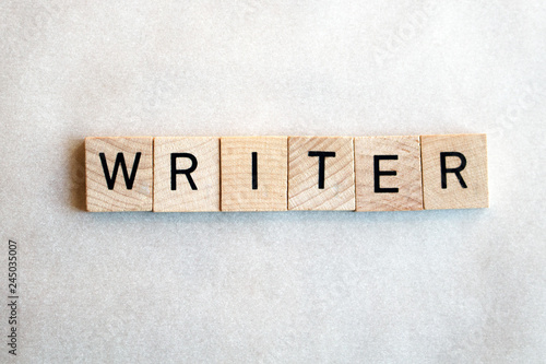The word Writer spelled in square wooden blocks on a white background ...