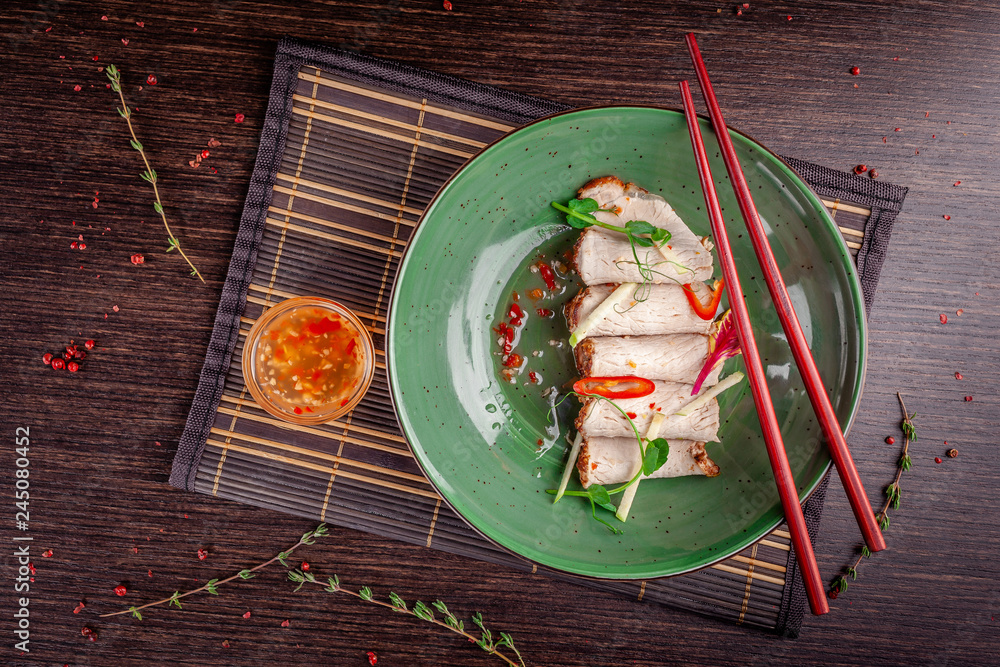 The concept of modern Japanese cuisine in 2019. Braised rabbit fillet ...