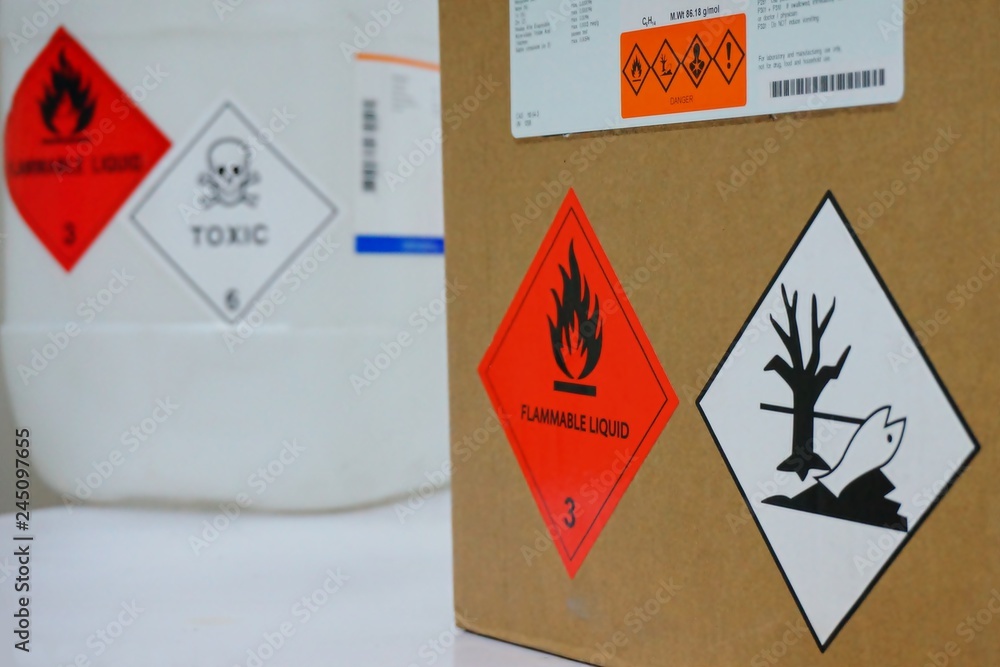 Variety type of chemical container with many of chemical hazard warning ...