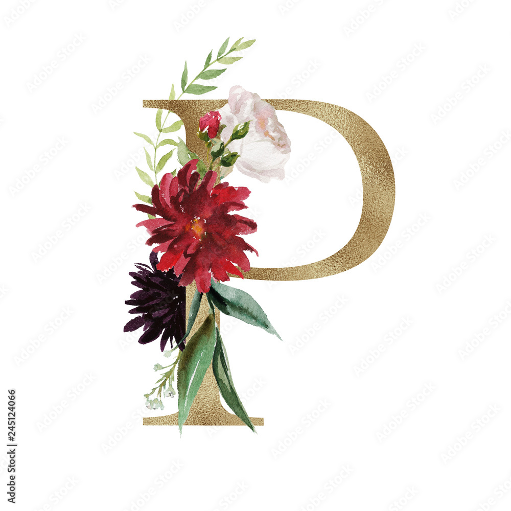 Floral Alphabet - letter P with flowers bouquet composition and ...