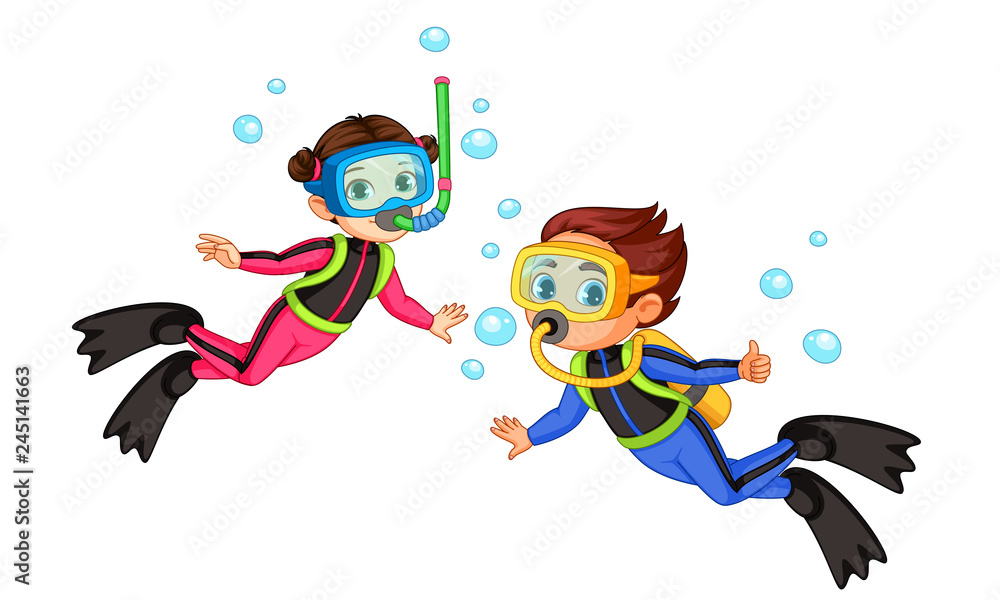 Vector illustration of scuba diver girl and boy Stock Vector | Adobe Stock