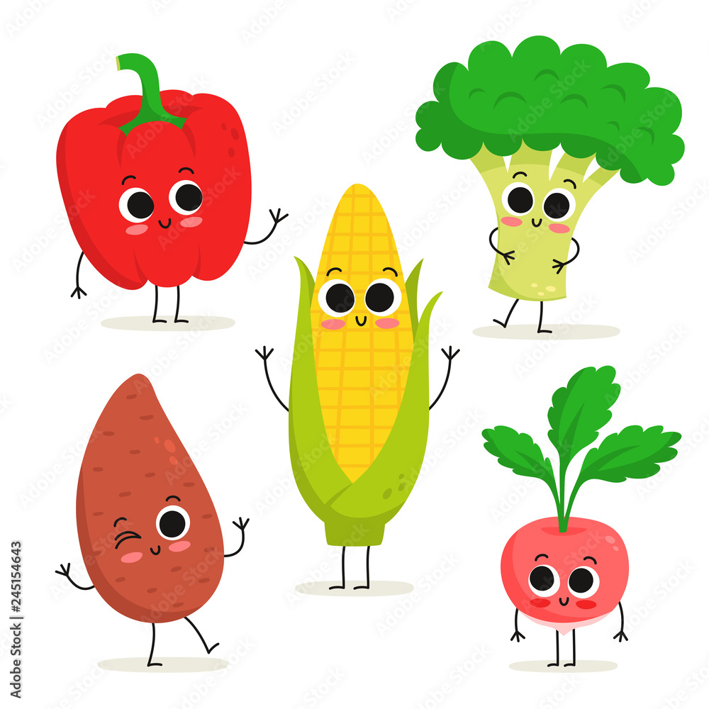 Set of 5 cute cartoon vegetable characters isolated on white: bell ...