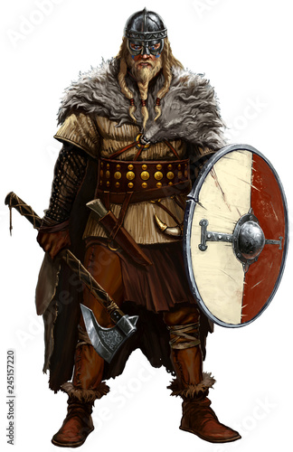 Viking with ax and shield on white. Viking warrior male with a wolf ...