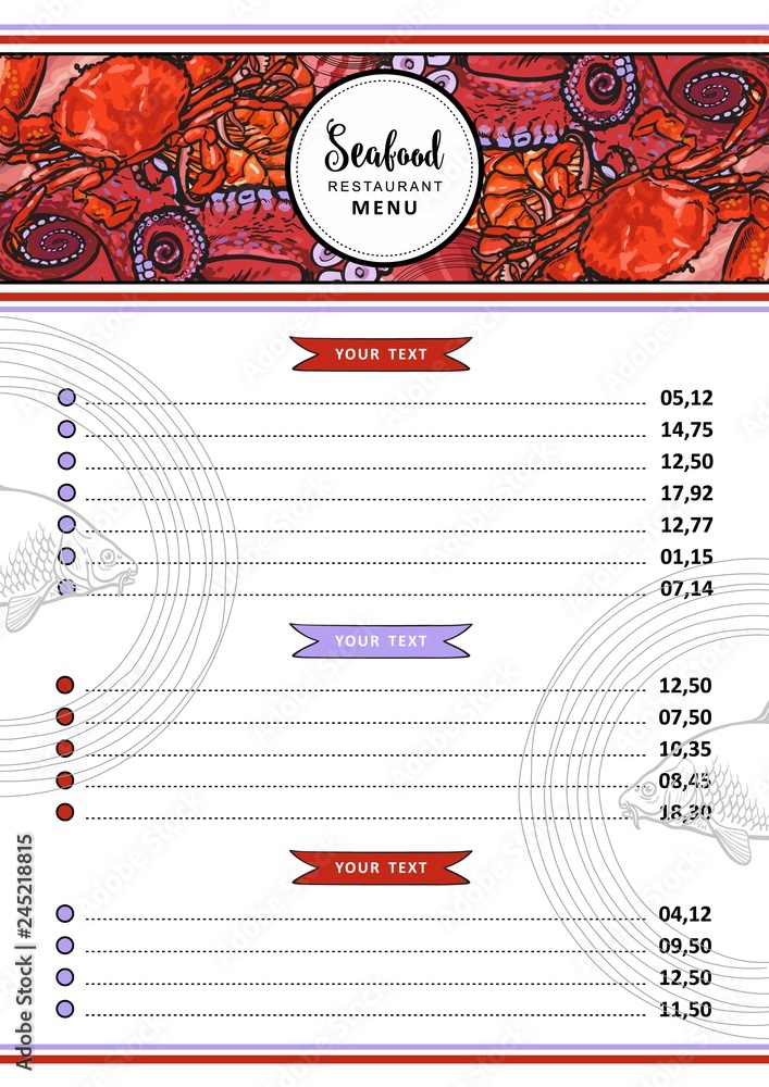 Vector seafood restaurant menu design template. cafe logo and list of ...