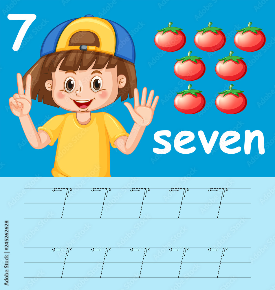 Number seven tracing alphabet worksheets Stock Vector | Adobe Stock