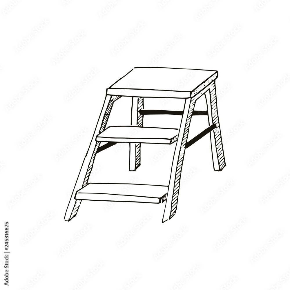 Vector sketch stepladder, hand drawn stair, step ladder, rung ladder ...