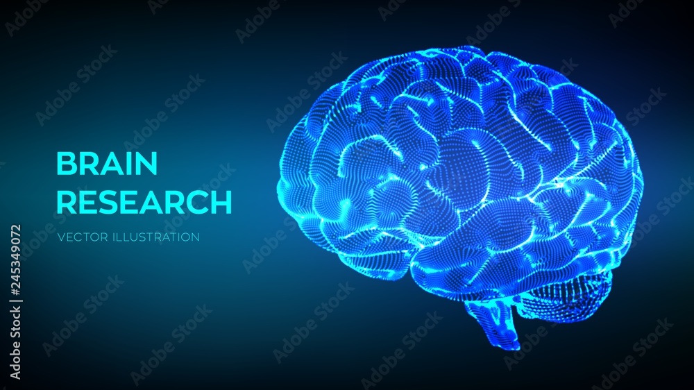 Brain. Human brain research. 3D Science and Technology concept. Neural ...