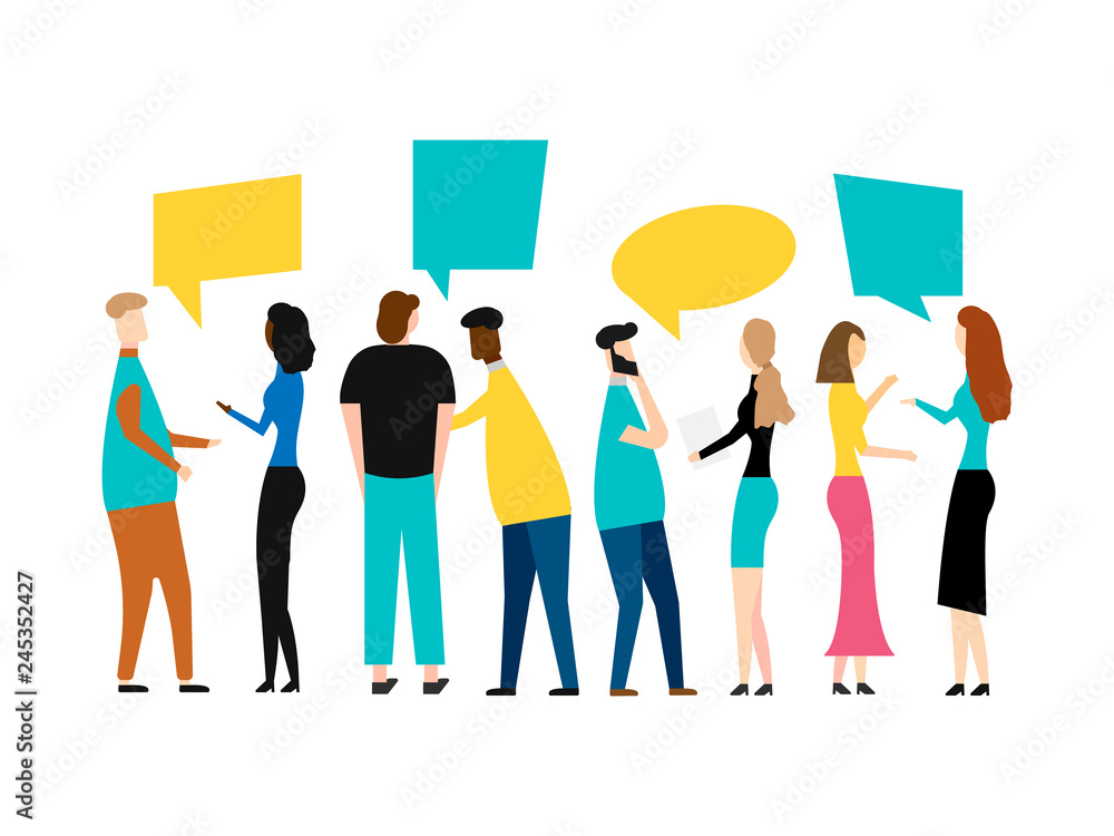 Group of cartoon young people talking. isolated on white background ...